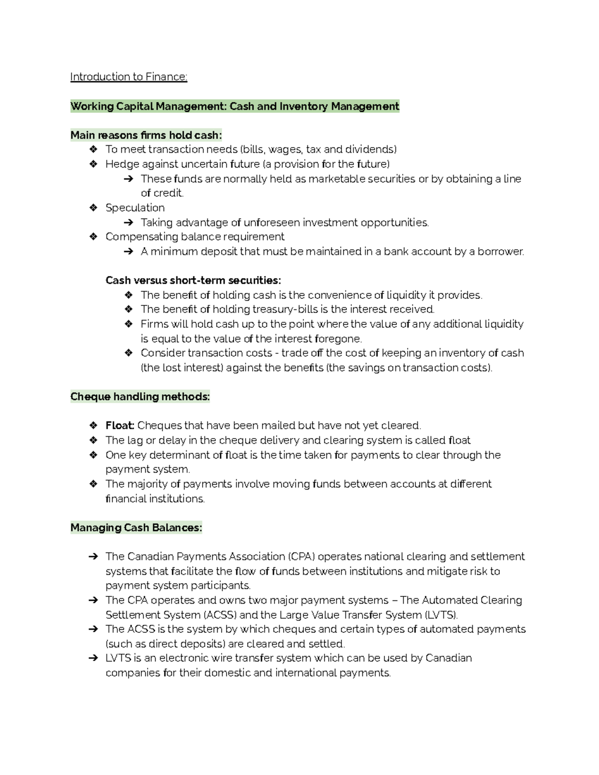 Introduction to Finance: Working Capital Management Notes - Studocu