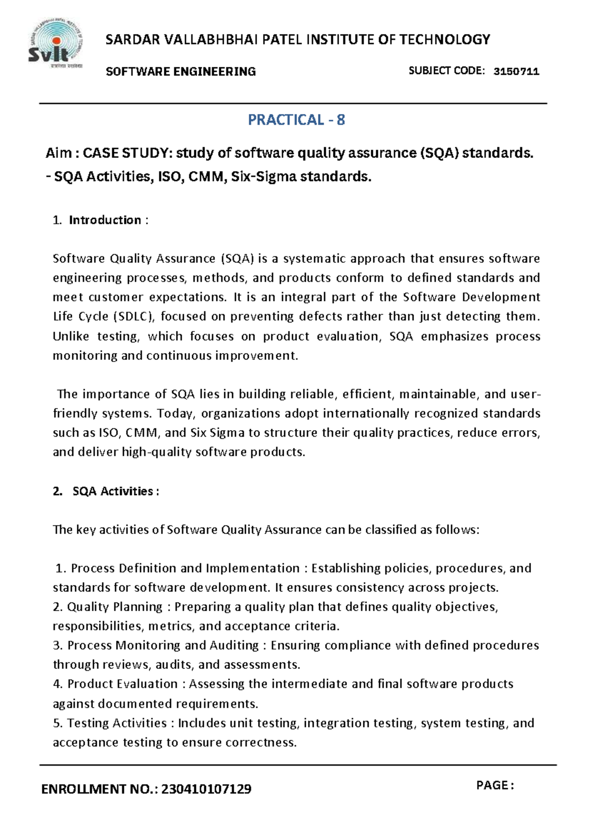 Software Engineering Case Study: SQA Standards (3150711) - Studocu