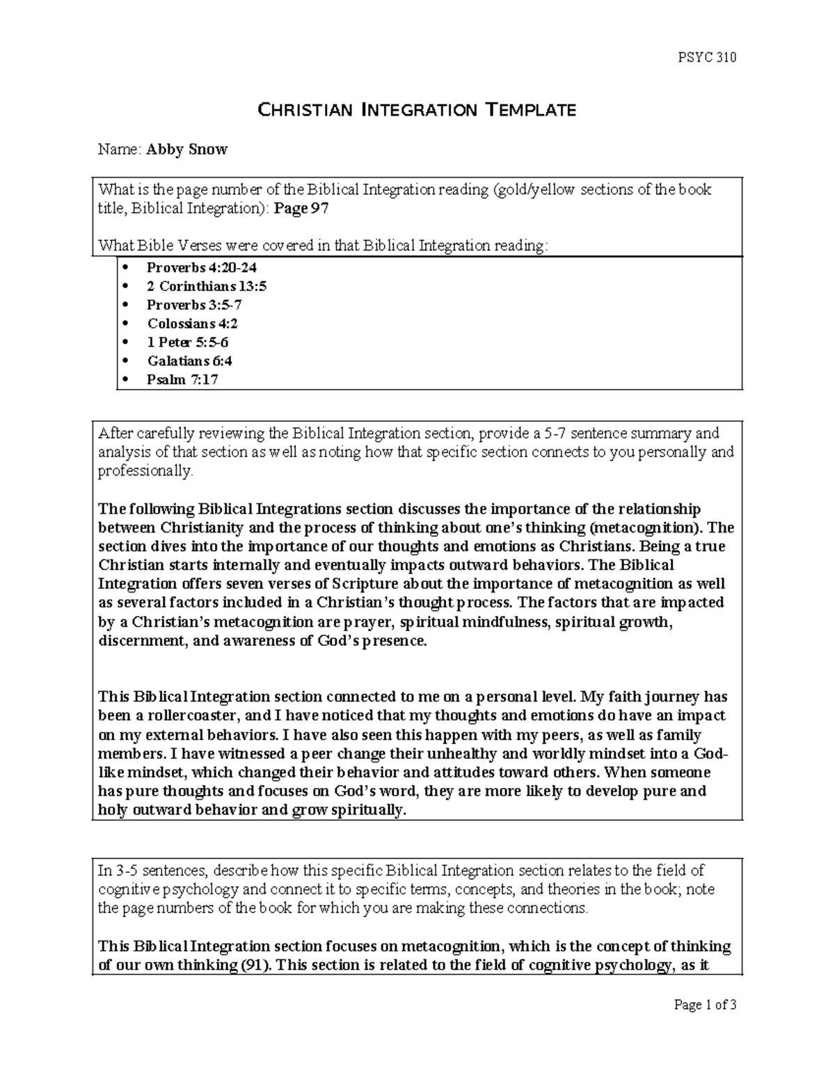 PSYC310 - Christian Integration on Metacognition and Cognitive ...