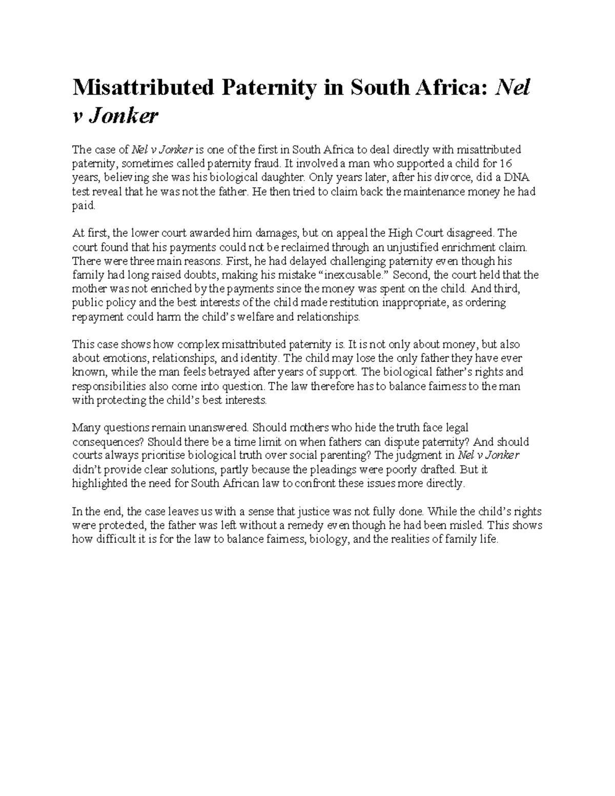 Misattributed Paternity in South Africa: Insights from Nel v Jonker ...