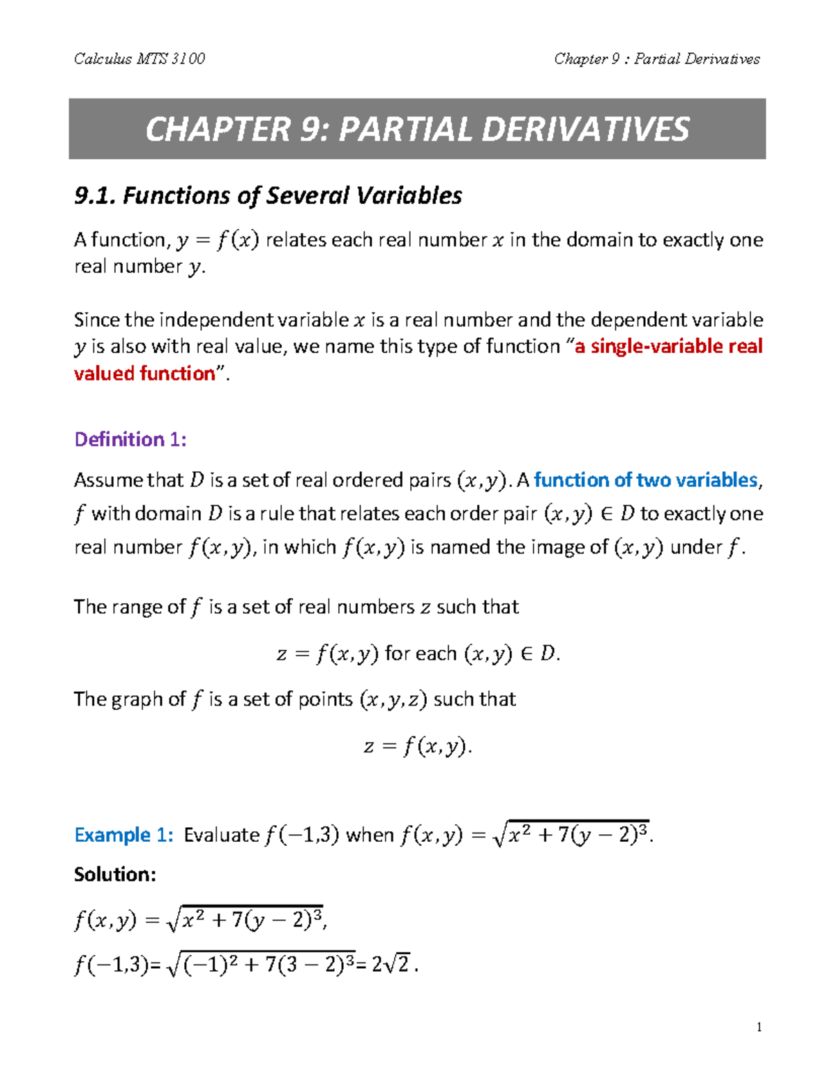 Calculus MTS 3100 Chapter 9: Partial Derivatives Overview - Studocu