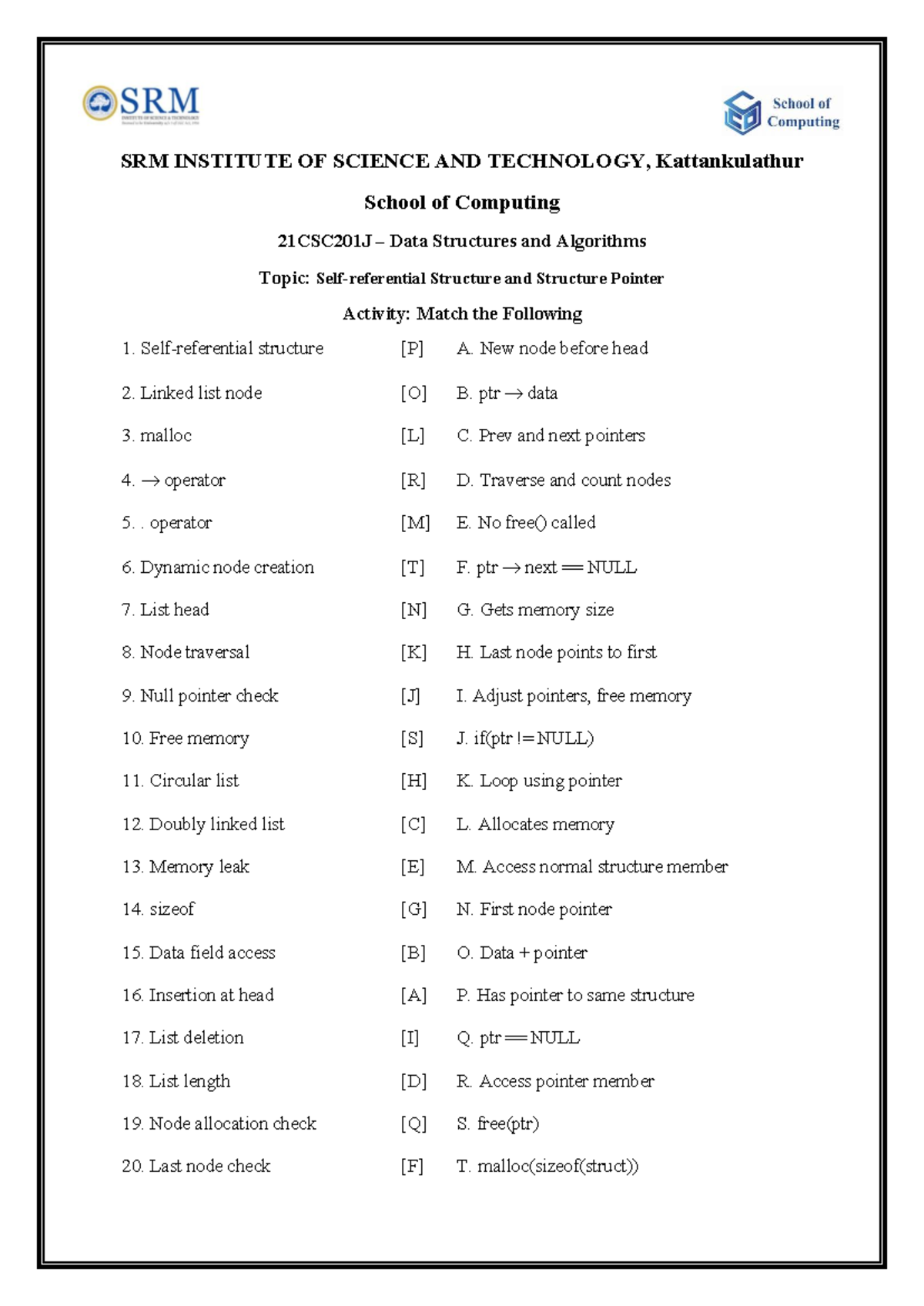 21CSC201J Data Structures & Algorithms: Structure Matching Activity - Studocu