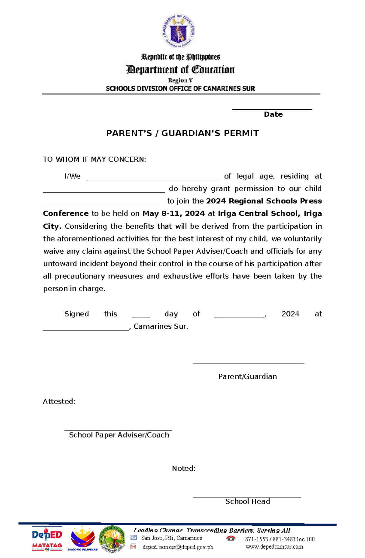RSPC- Parents- Permit - 2024 Regional Schools Press Conference to be ...