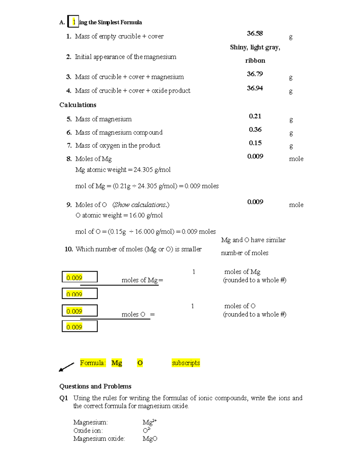 LAB11 Moles & Chemical Formulas: Simplest Formulas & Reactions - Studocu