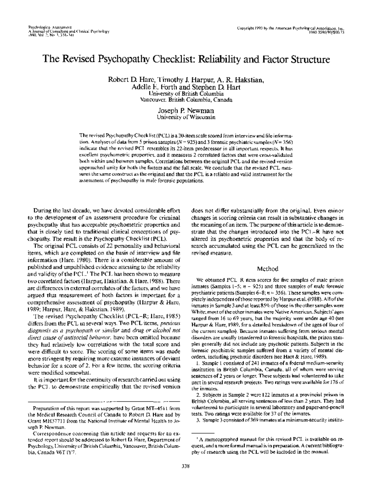 PCL-R Analysis: Reliability & Factor Structure in Forensic Populations ...