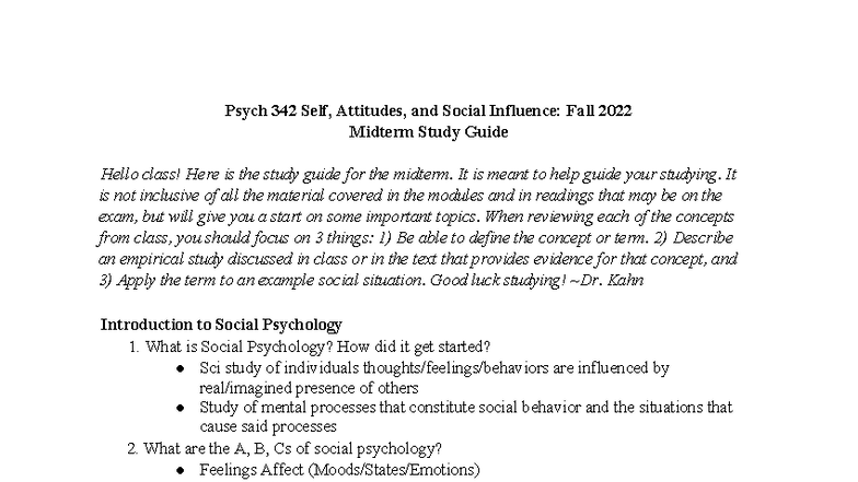 Psych 342 Midterm Study Guide: Self, Attitudes, & Social Influence ...