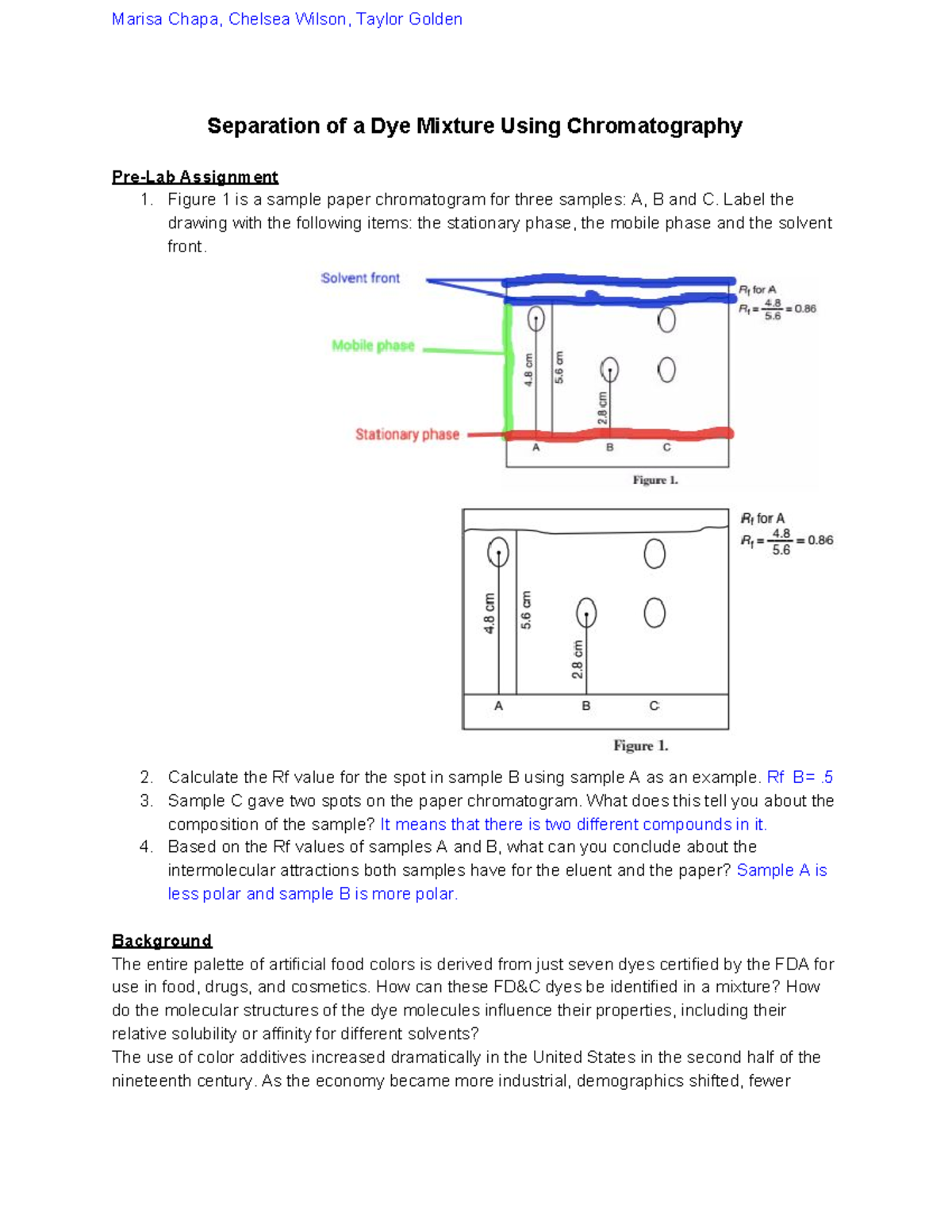 Lab Report: Separation of Dye Mixtures Using Chromatography (Chem 101 ...