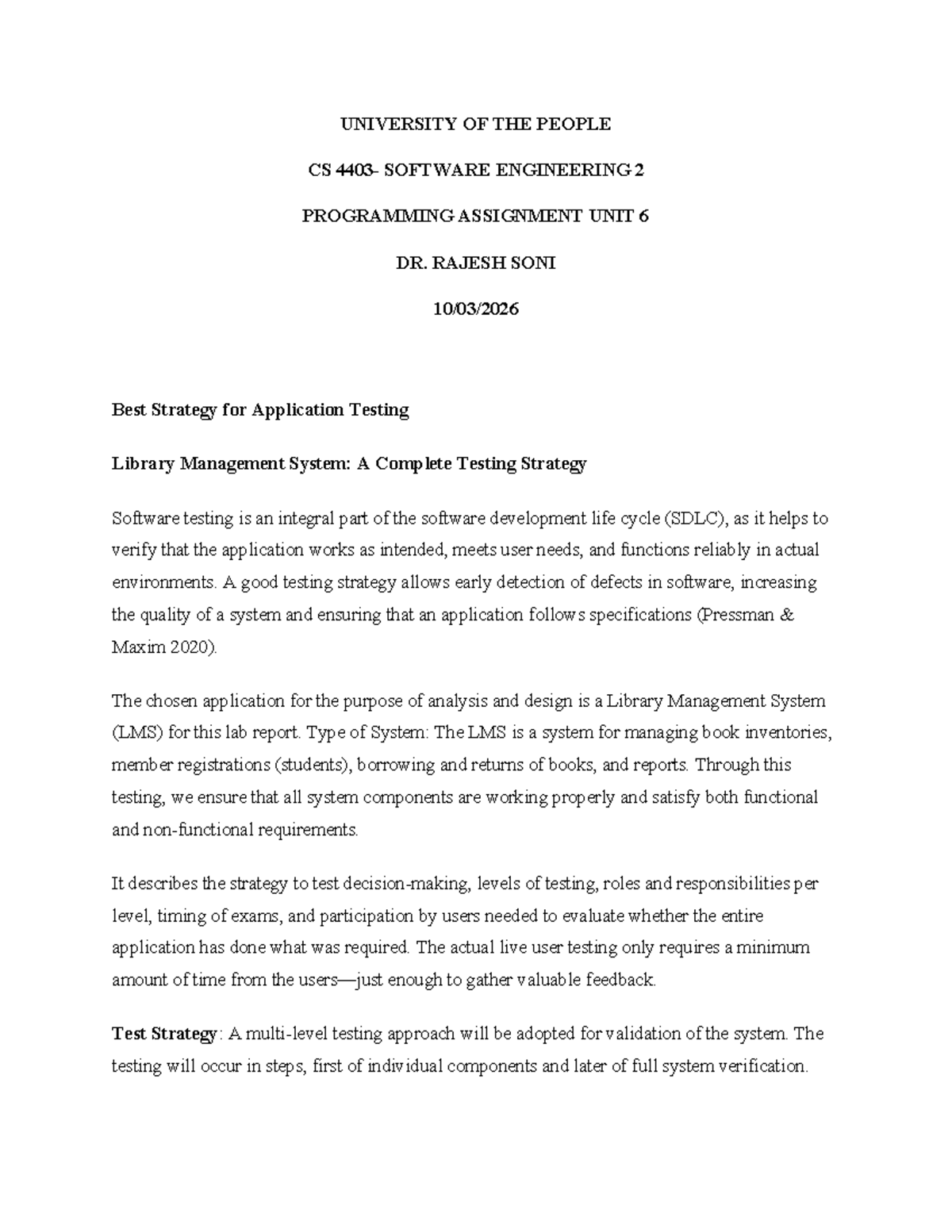 CS 4403 Programming Assignment Unit 6: Testing Strategy for LMS - Studocu