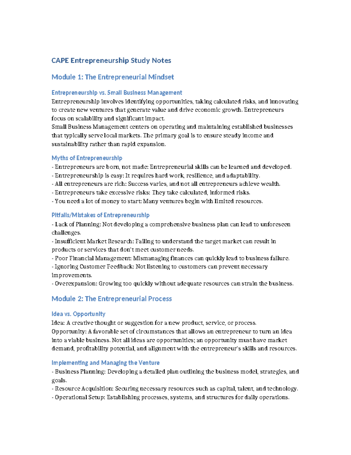 CAPE Entrepreneurship Study Notes: Key Insights & Concepts - Studocu