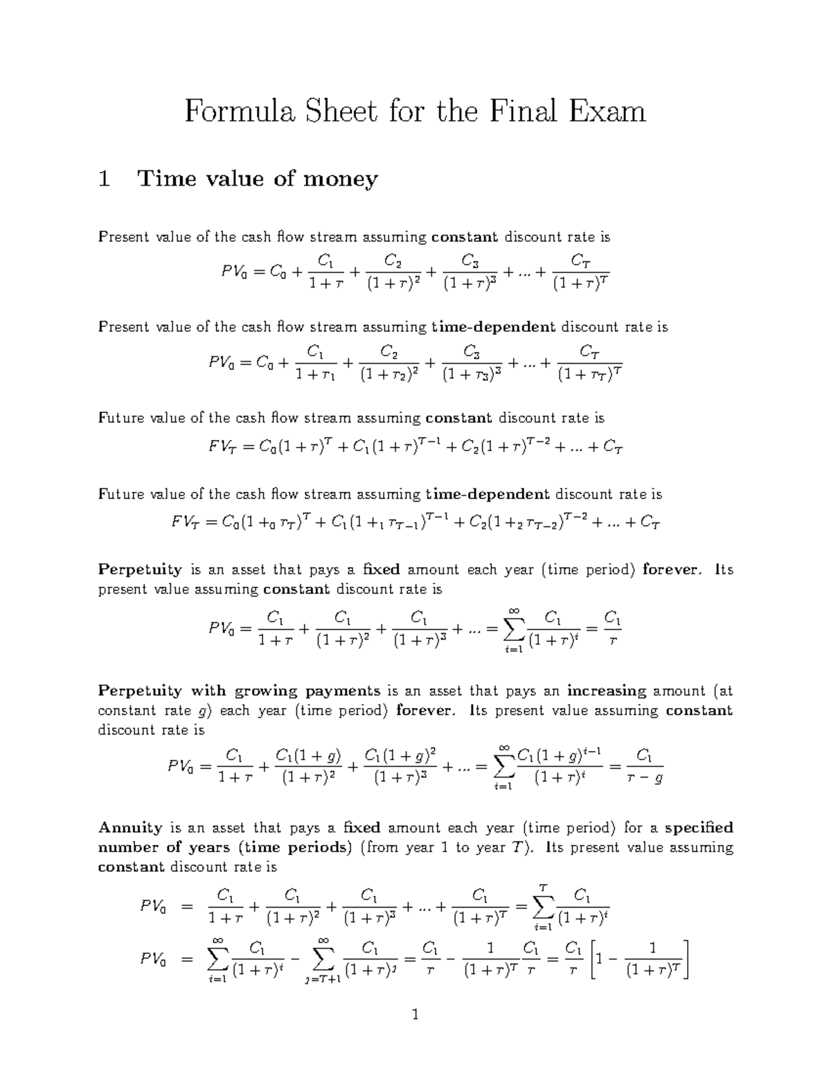 Formula Sheet for Final Exam: Time Value of Money Concepts - Studocu