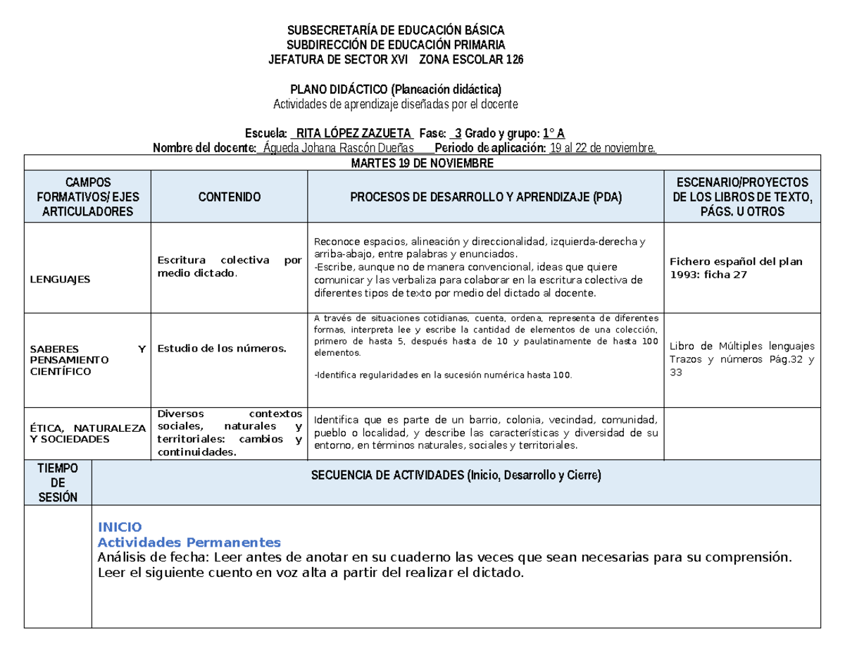 Planeación Didáctica del 19 al 22 de Noviembre - 1° A - LP-2019 - Studocu