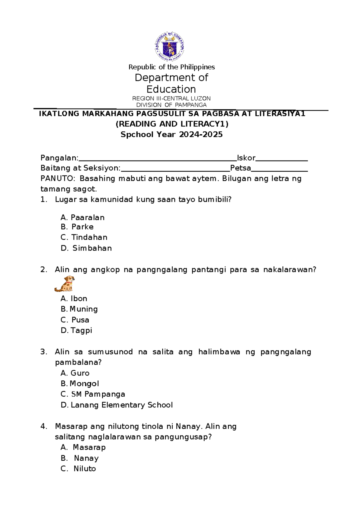 Ikatlong Markahang Pagsusulit sa Pagbasa at Literasiya - Grade 1 - Studocu