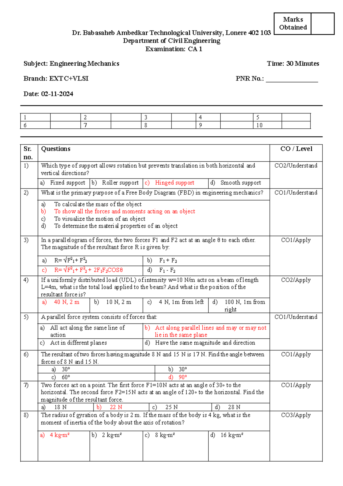 CA1 Ppr - Answerkey - engineering mecahnics mcq qsns - Marks Obtained ...