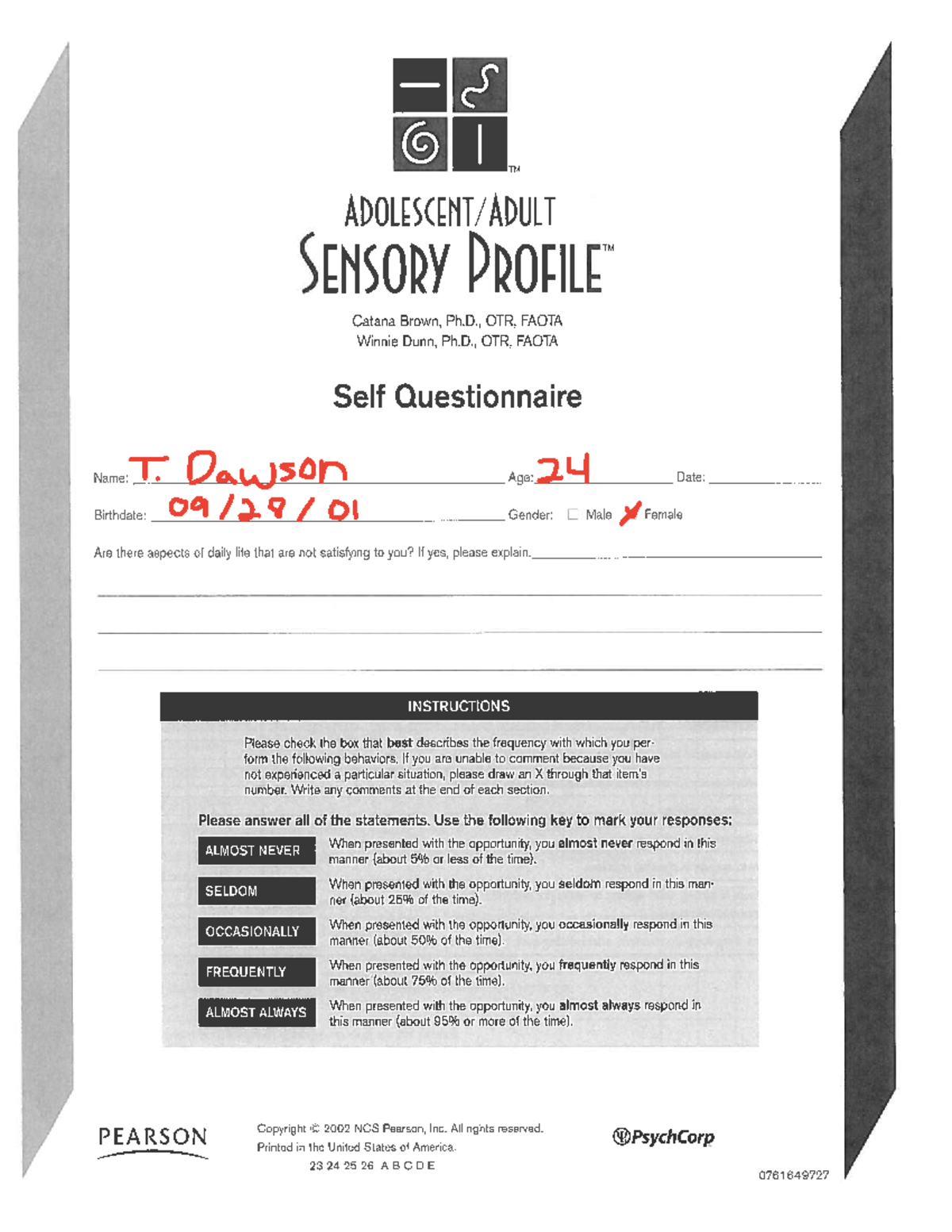 Adult Sensory Profile neuro 3 - PSYC 3205 - Π G a 12 4 4 27 14 2 15 13 ...
