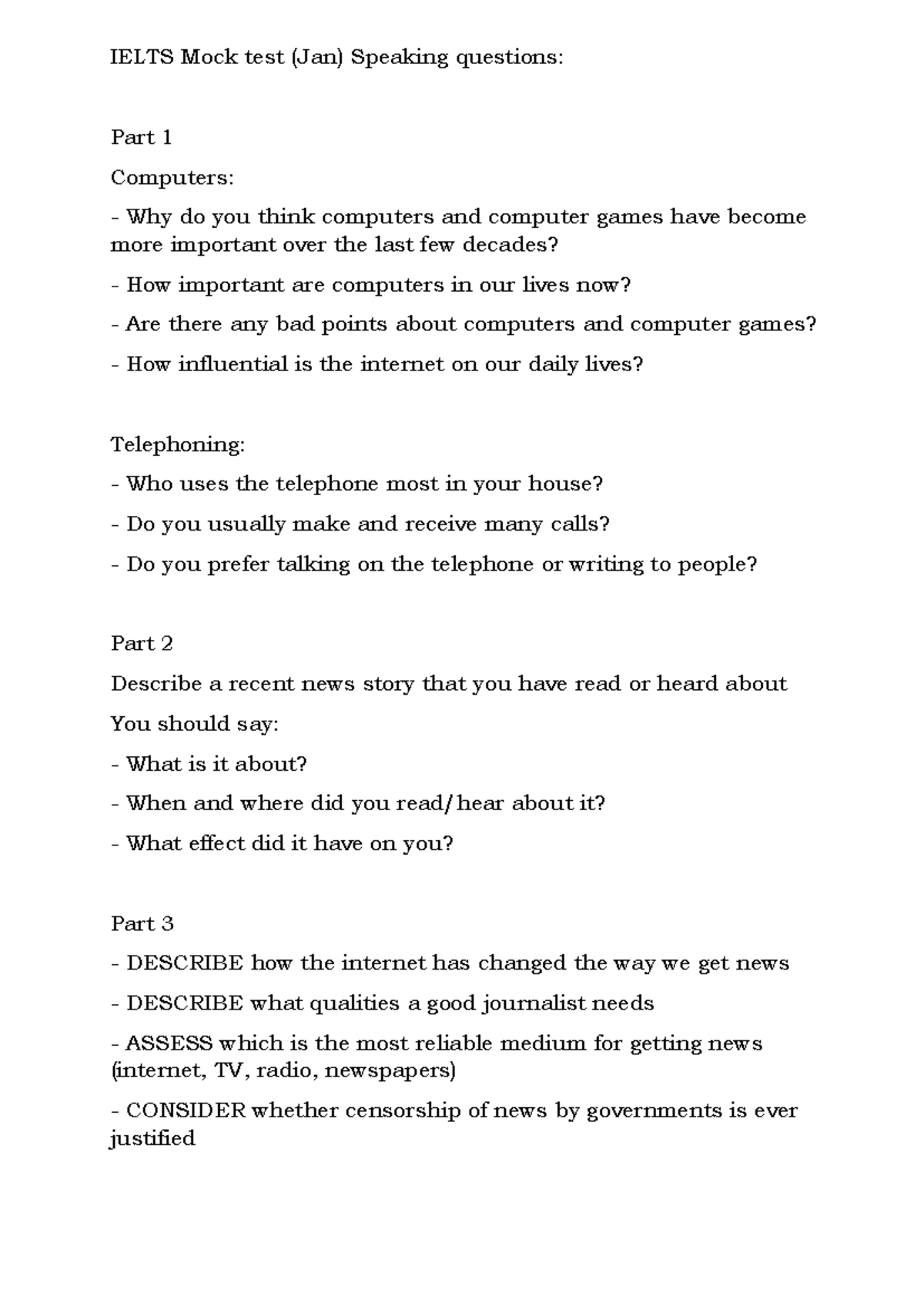 IELTS Mock Test (Jan) Speaking Questions & Topics Overview - Studocu