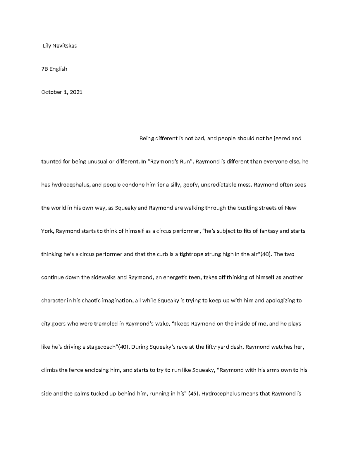 7B English Essay: Embracing Uniqueness in Raymond's Story - Studocu