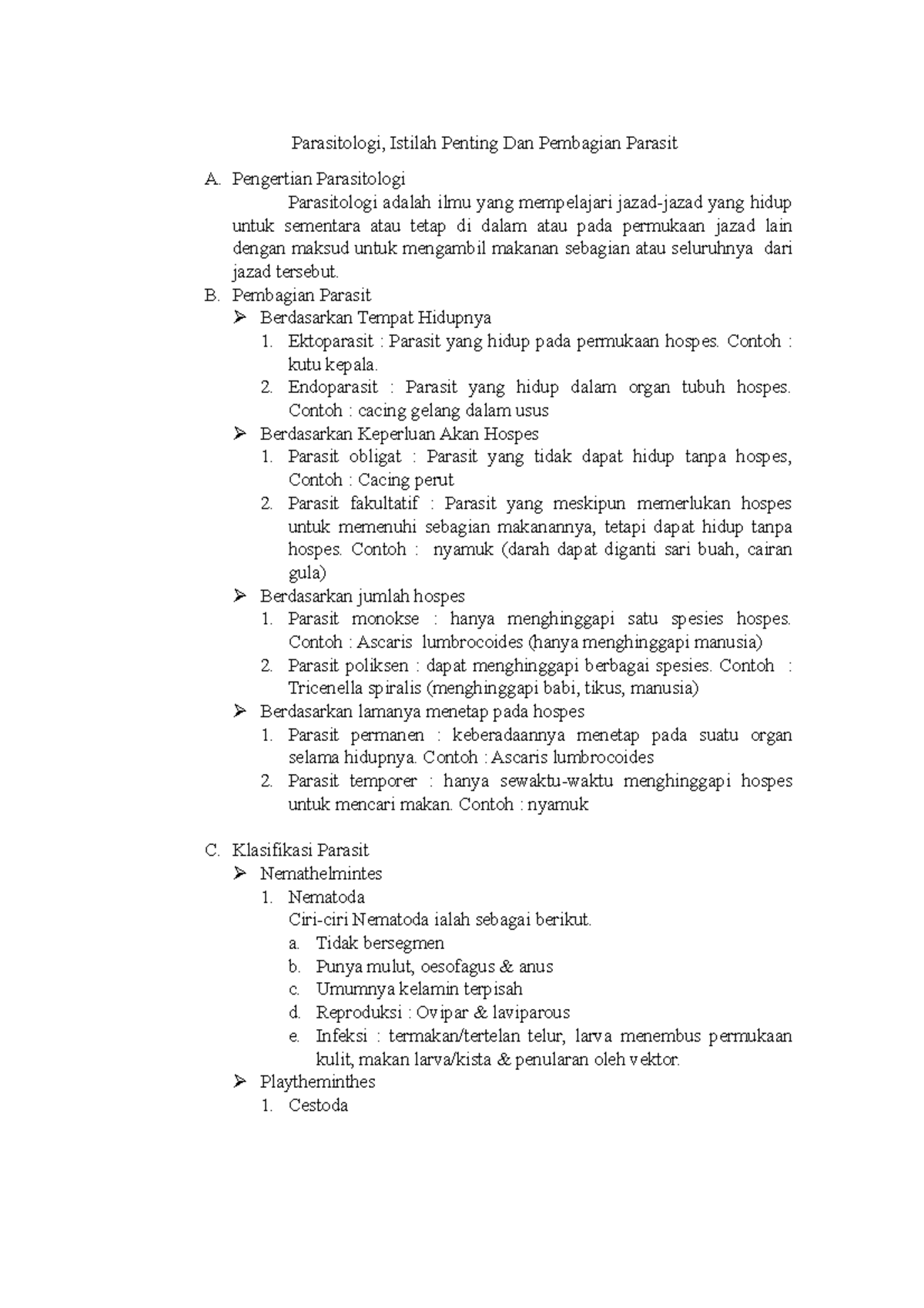 Pengertian dan Klasifikasi Parasitologi: Istilah Penting Parasit - Studocu