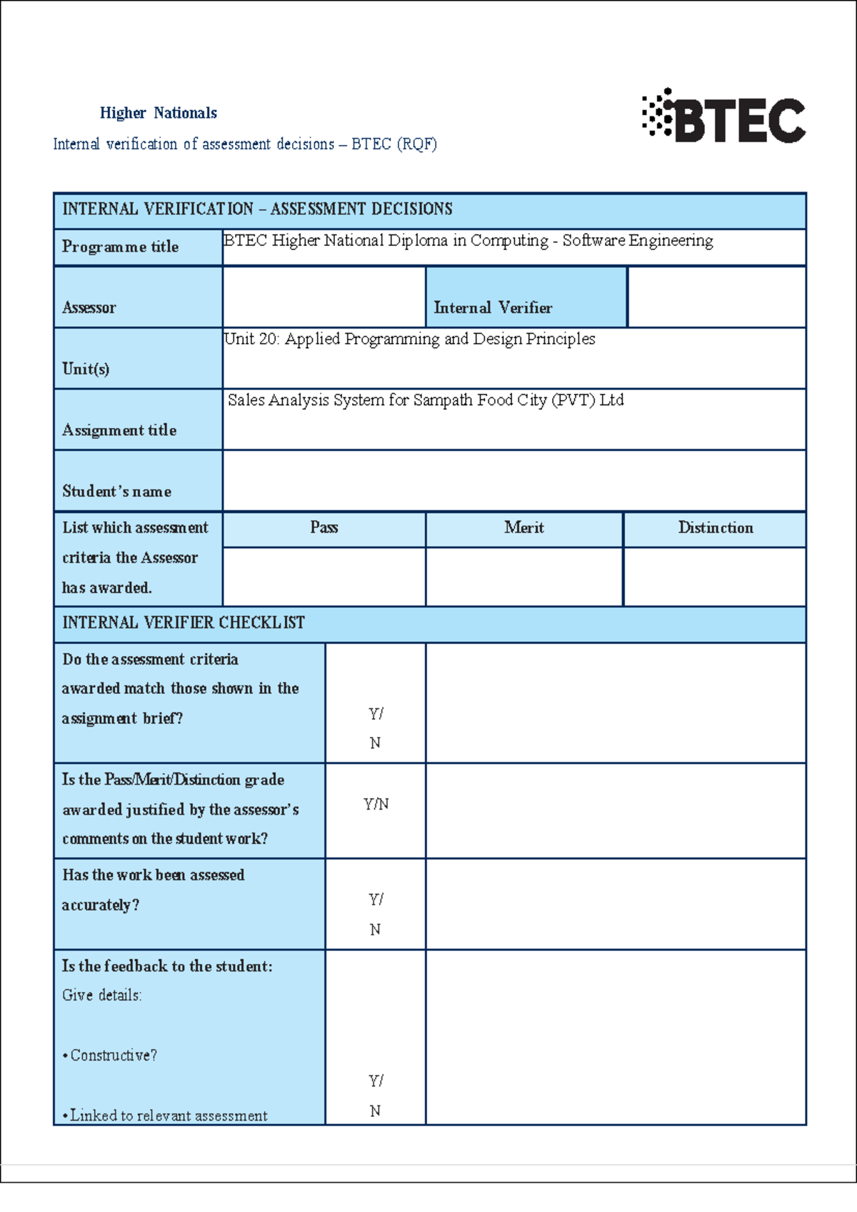 BTEC Unit 20: Internal Verification of Assessment Decisions for Applied - Studocu