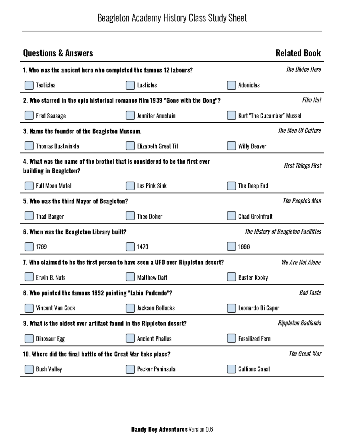 Beagleton Academy History Class Study Sheet: Key Questions & Answers ...