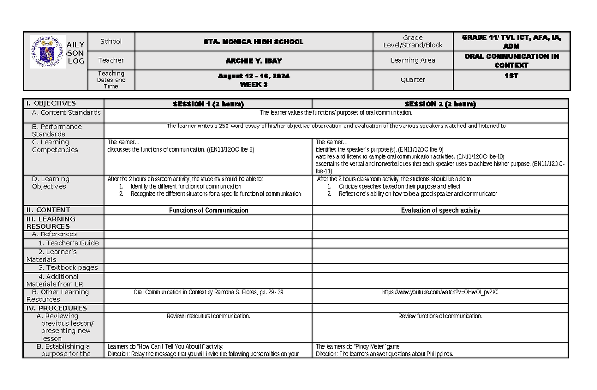 DLL-ORAL- WEEK 2 - Oral Communication - DAILY LESSON LOG School STA ...