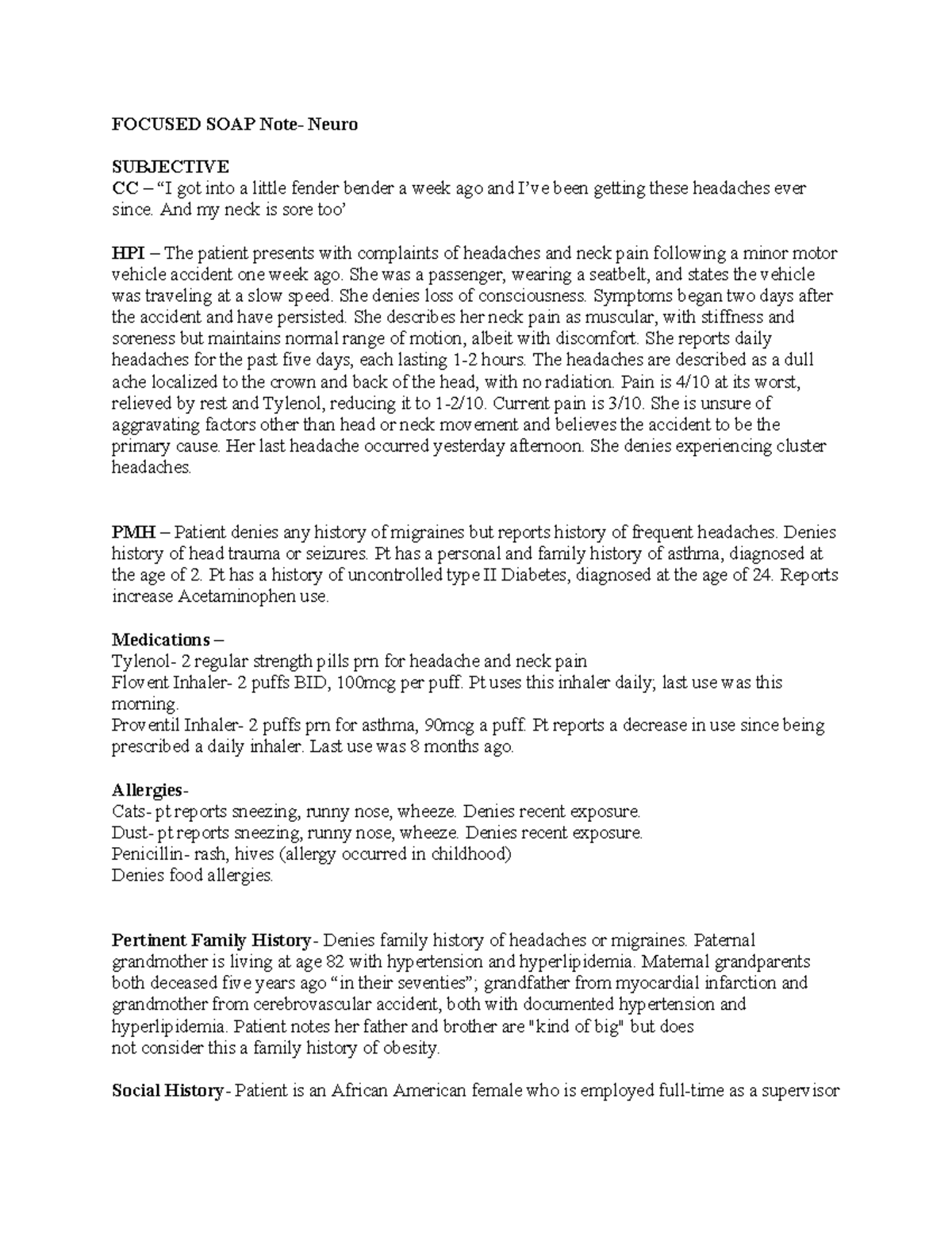 Focused Neuro SOAP Notes: Headaches & Neck Pain Post-MVA - Studocu