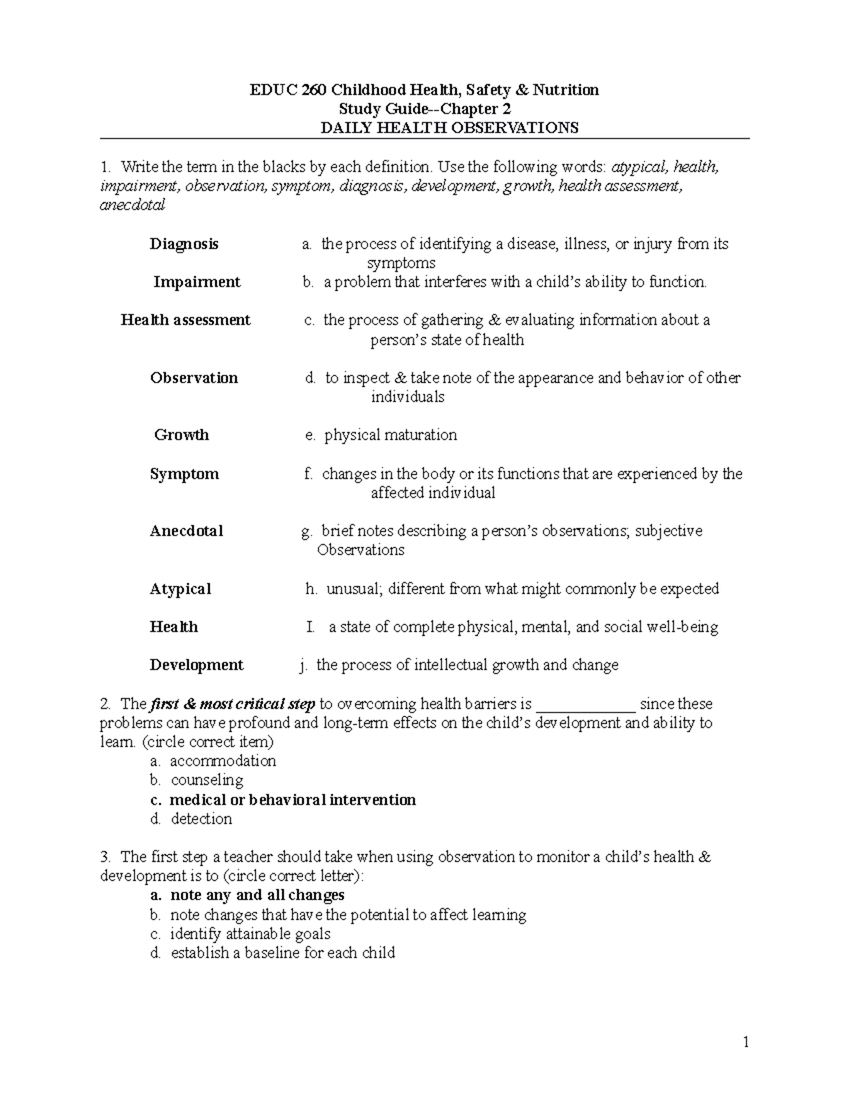 EDUC 260 Ch 2 Study Guide: Childhood Health & Development Concepts ...