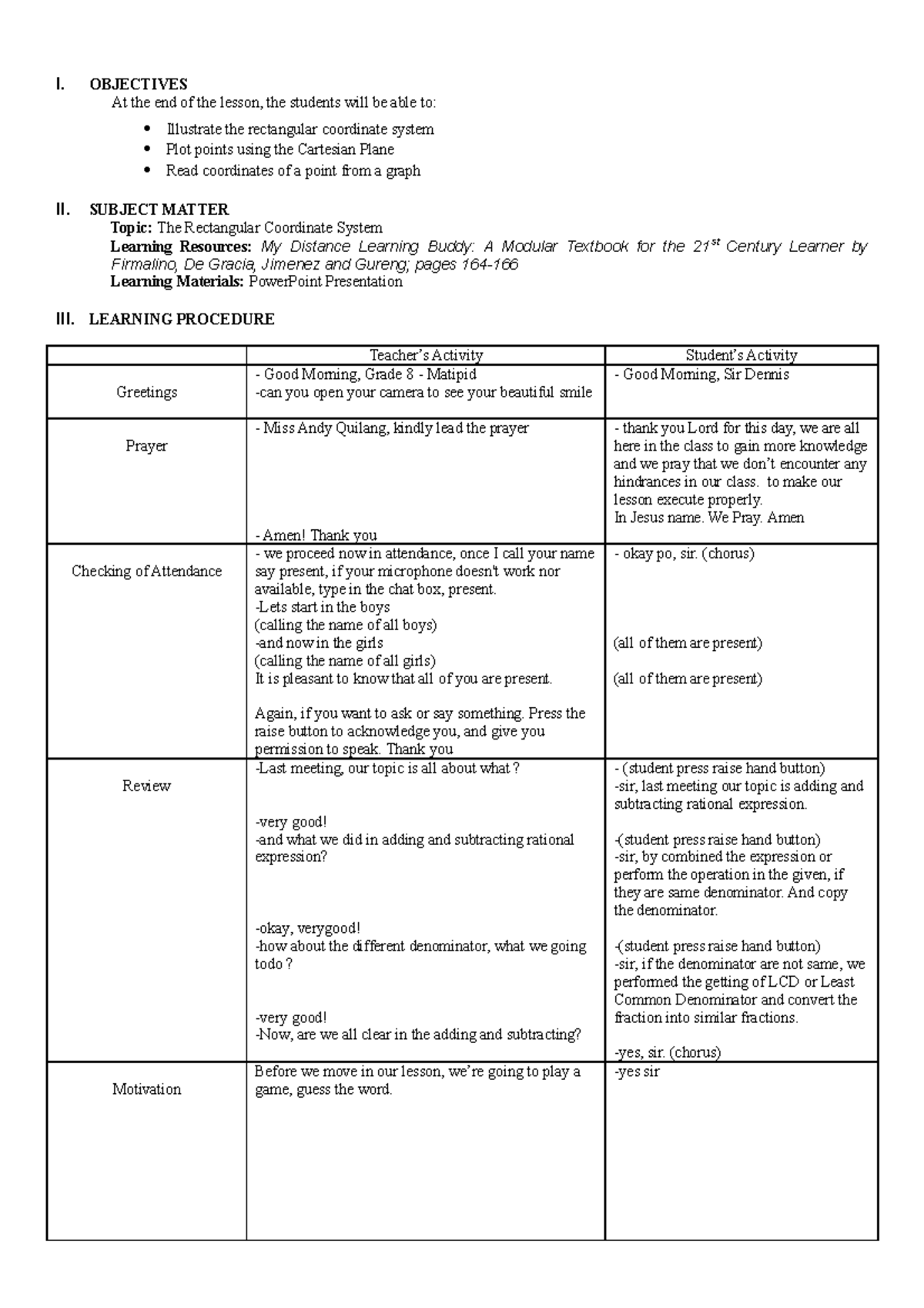 Lesson Plan for Grade 8: Rectangular Coordinate System - Studocu