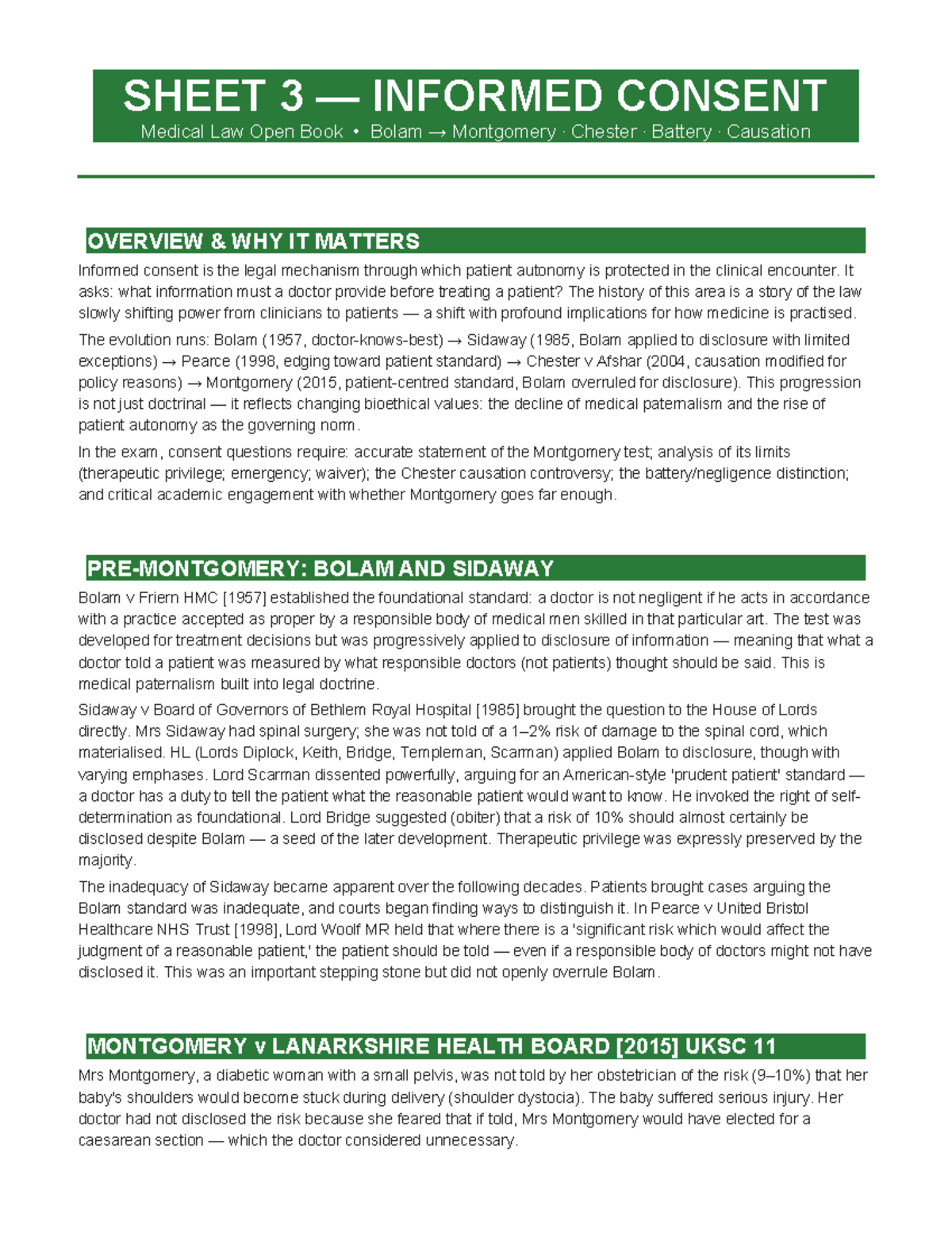 Sheet 3: Informed Consent in Medical Law - Key Cases & Analysis - Studocu