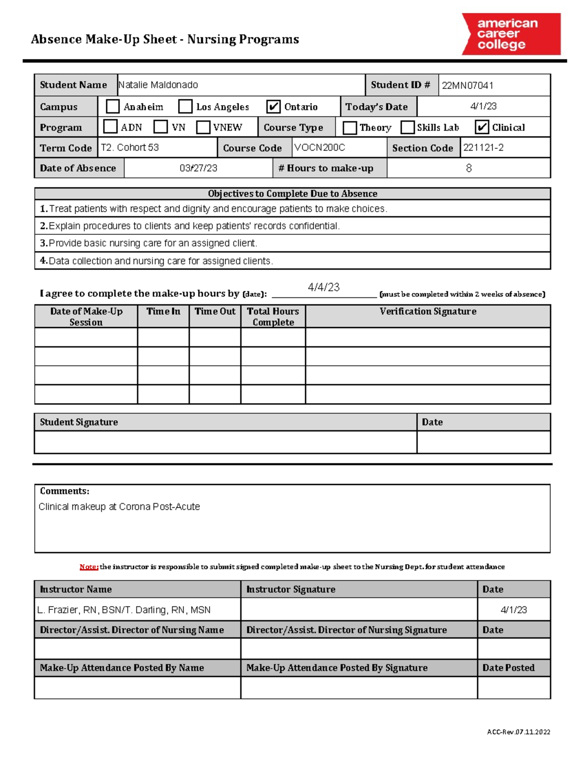 Make-Up Sheet - 032123 - Absence Make‐Up Sheet ‐ Nursing Programs ACC ...