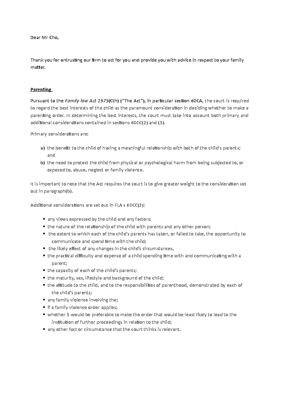 Letter of Advice on Parenting Orders & Child Support (Family Law) - Studocu