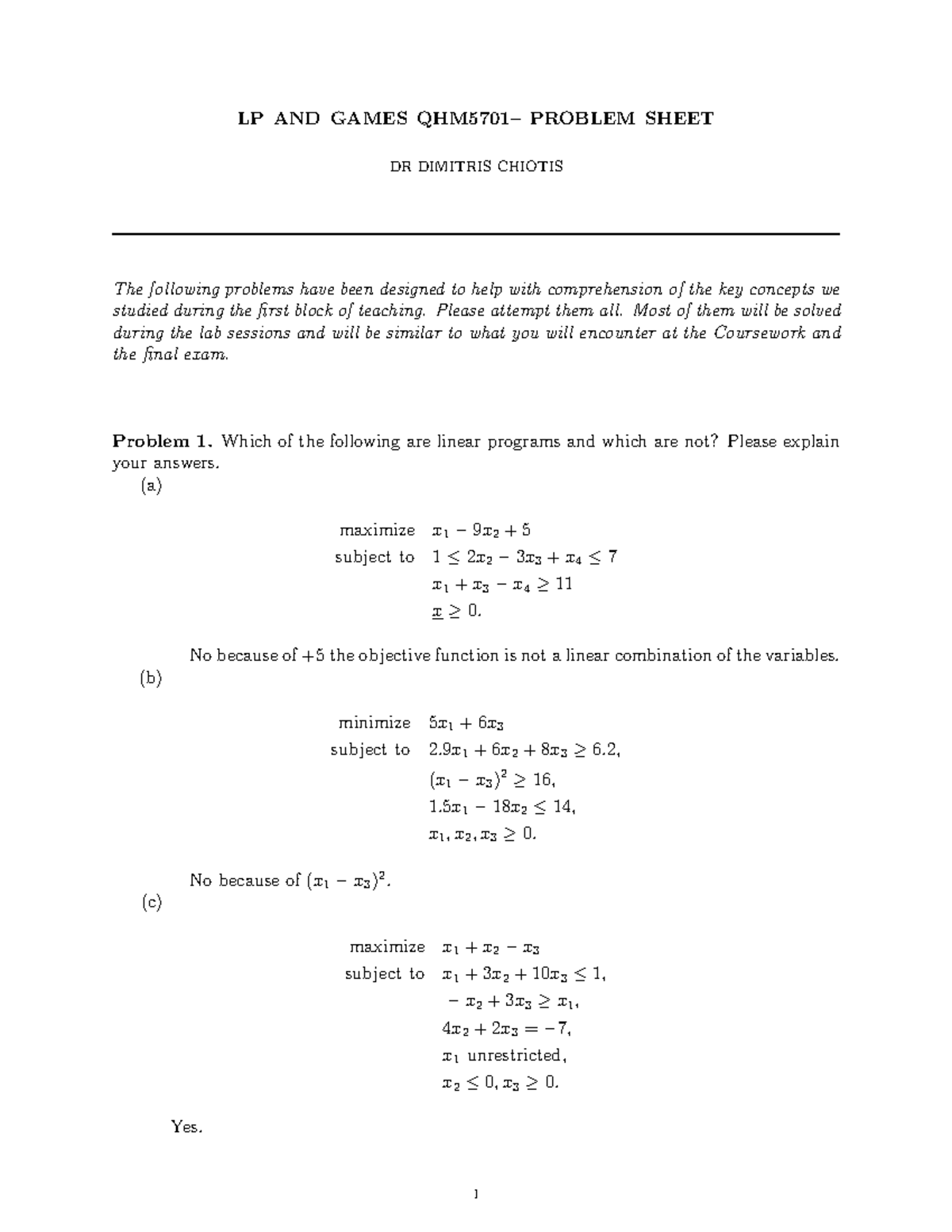 LAB Solutions - lab solution - LP AND GAMES QHM5701– PROBLEM SHEET DR ...