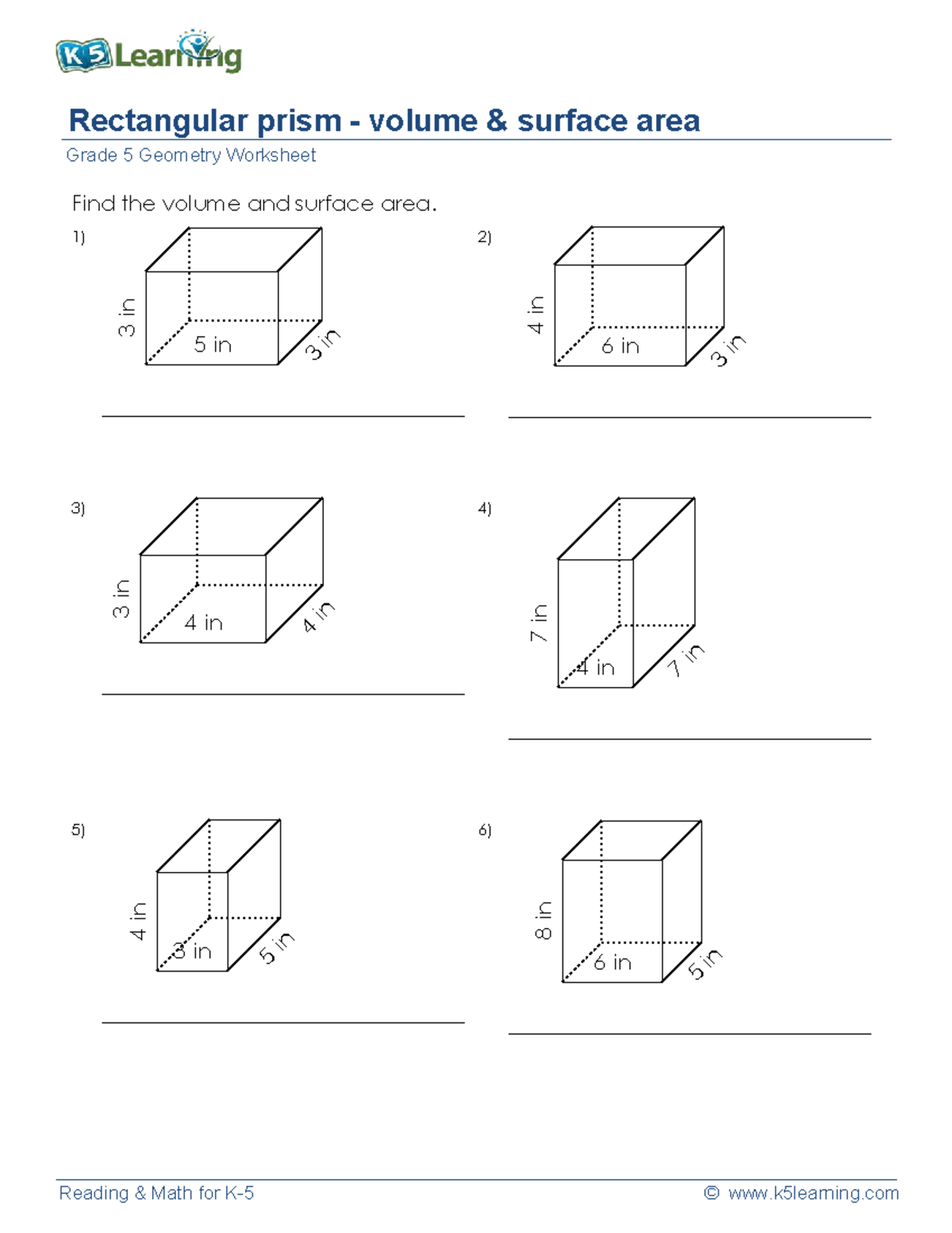 Grade 5 Geometry: Rectangular Prism Volume & Surface Area Worksheet ...