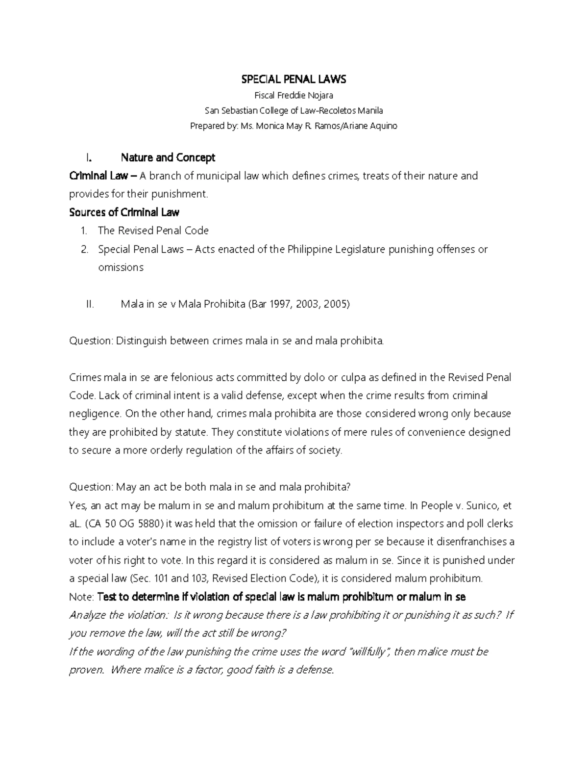 Special penal laws - SPECIAL PENAL LAWS Fiscal Freddie Nojara San ...