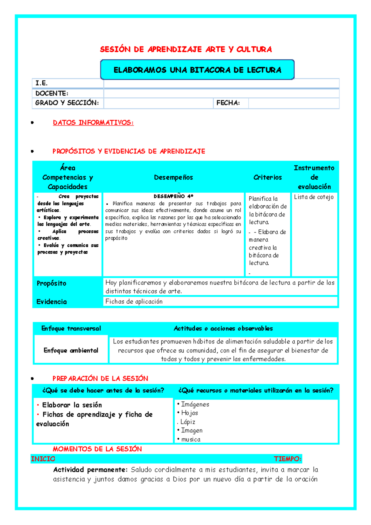 4° SES AYC VIER 1 Bitacora DE Lectura - SESIÓN DE APRENDIZAJE ARTE Y ...