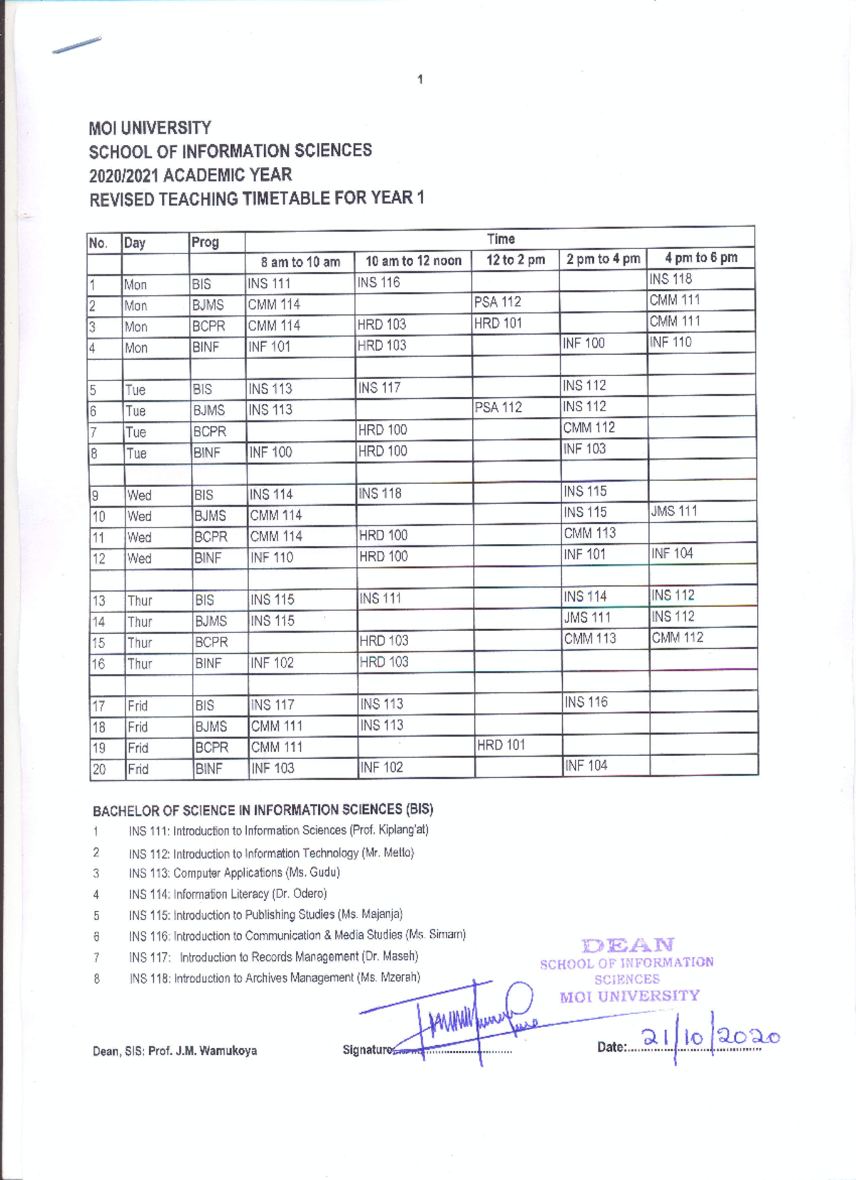 Revised-Teaching TTYr 10001 - 1 MOI UNIVERSITY SCHOOL OF INFORMATION SCIENCES ACADEMIC YEAR ...
