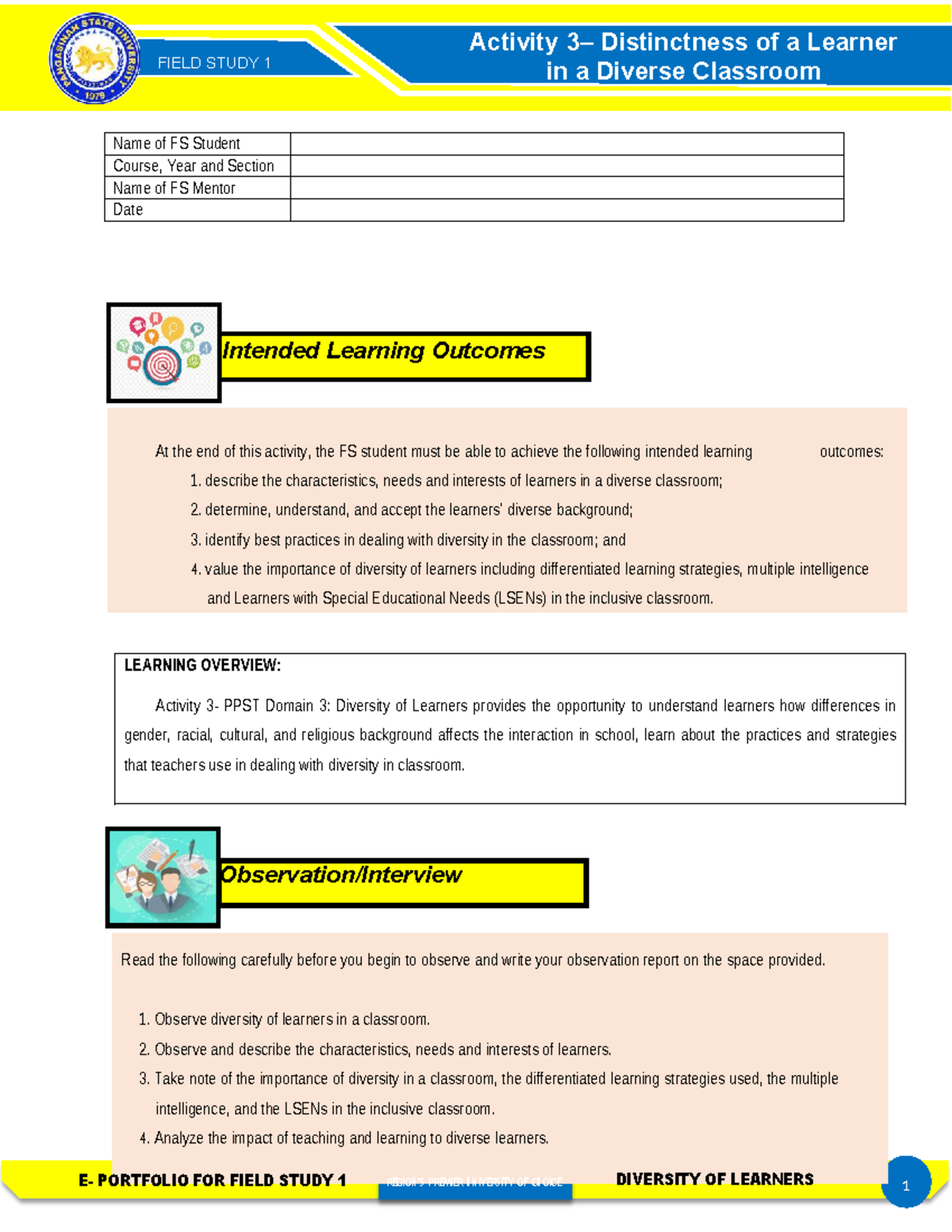 FIELD STUDY 1: Activity on Learner Distinctness in Diverse Classrooms ...