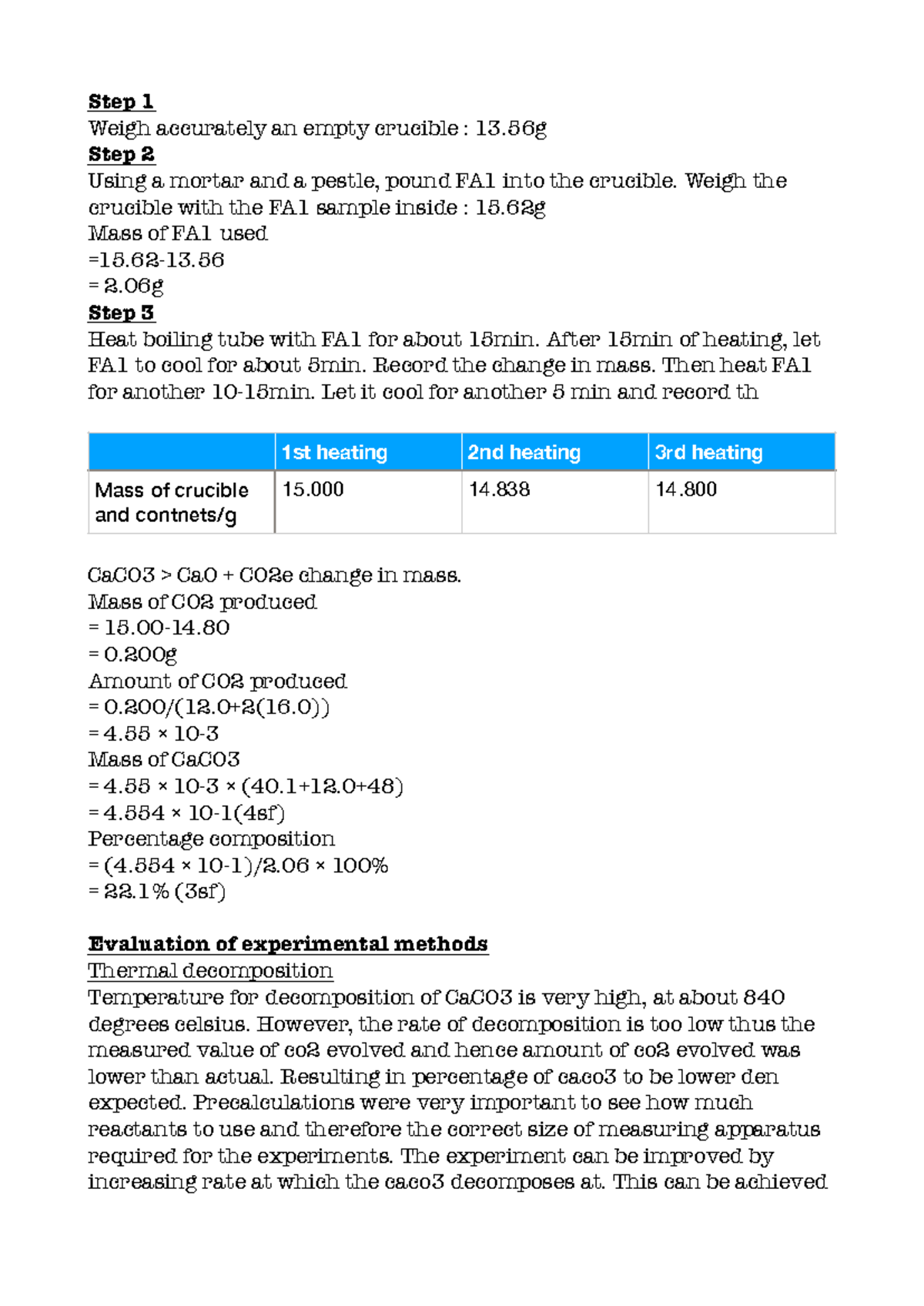 Planning report chem - chem prac - Step 1 Weigh accurately an empty ...