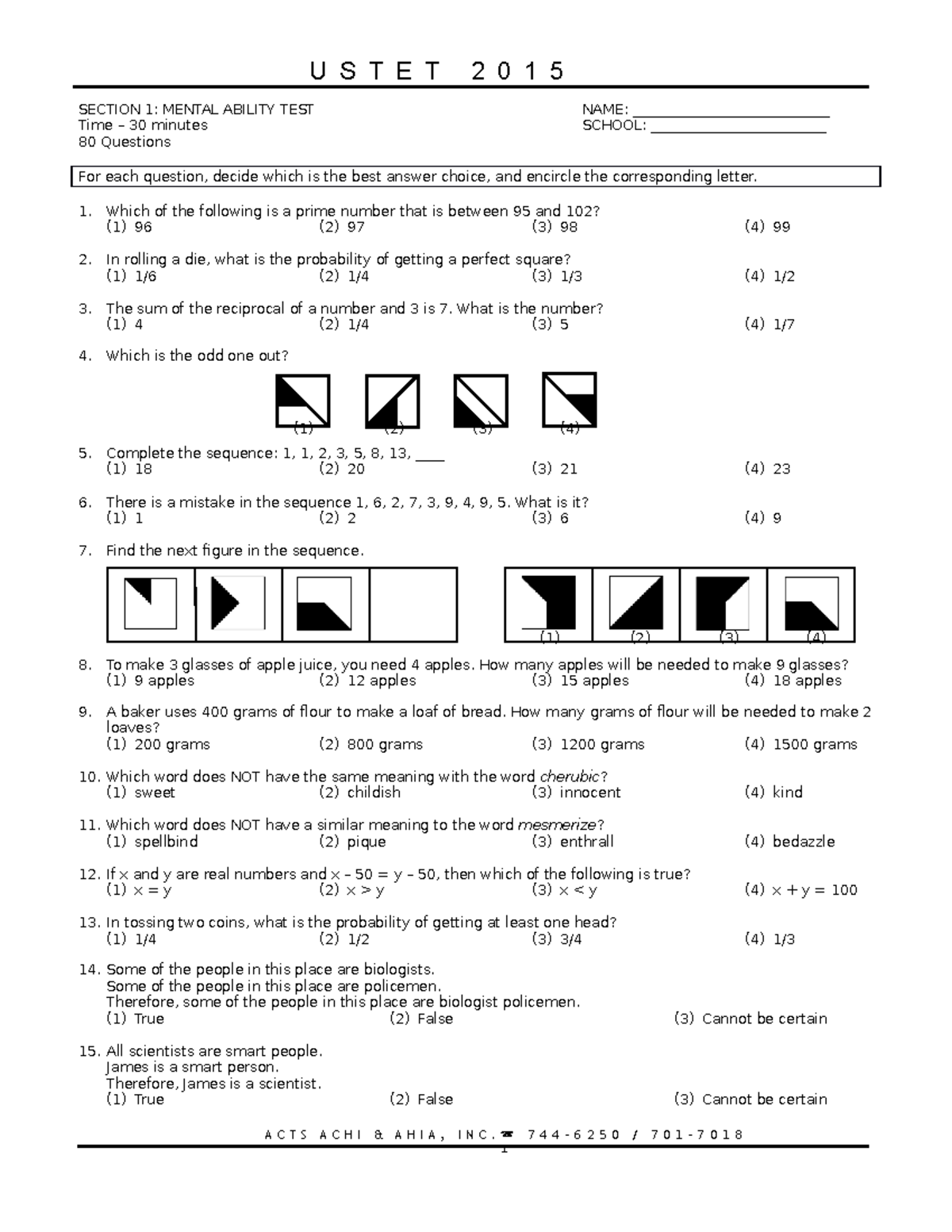 Ustet 2015 Simulated Exam: Section 1 Mental Ability Test - Studocu