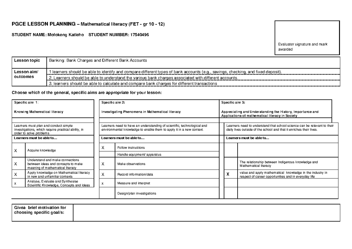 PGCE LESSON PLANNING FET: Bank Charges & Accounts Overview - Studocu