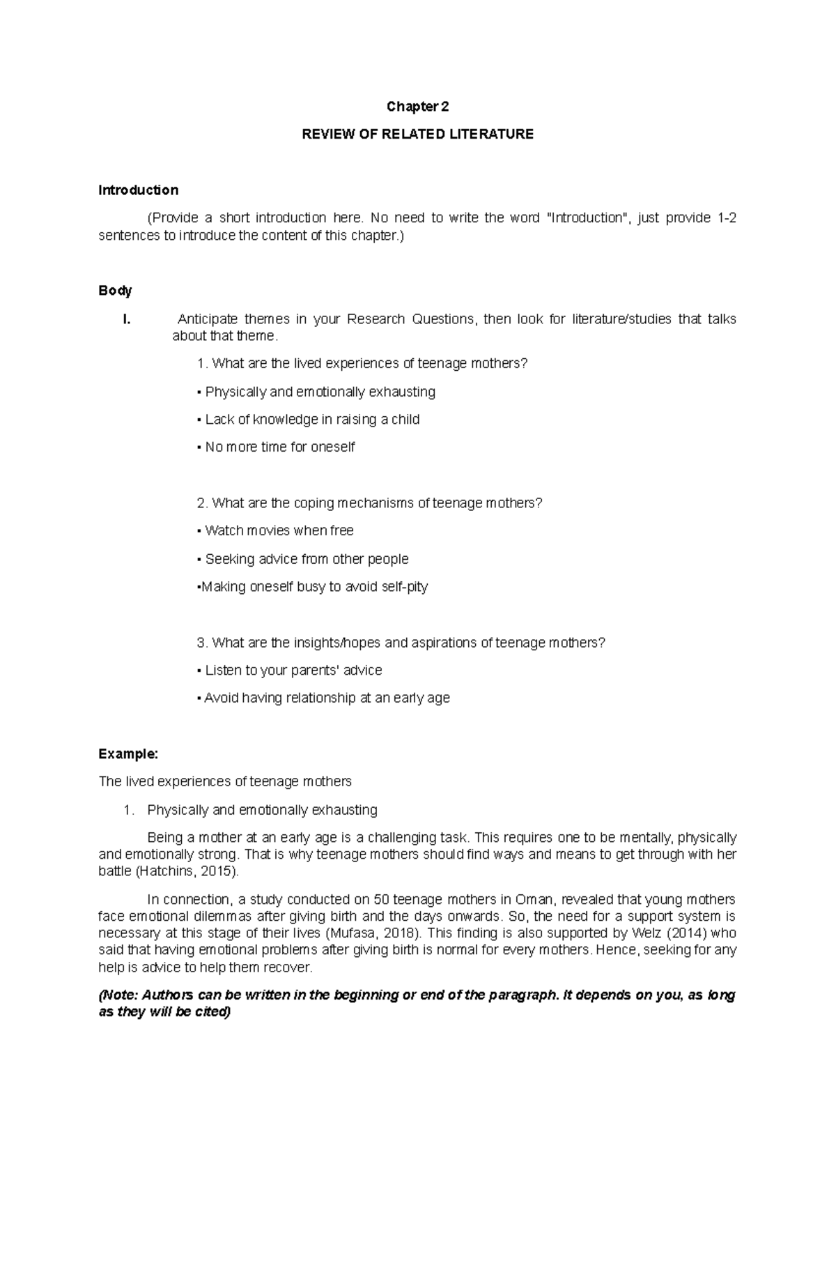 Chapter 2 RRL: Themes in Teenage Mothers' Experiences and Coping ...