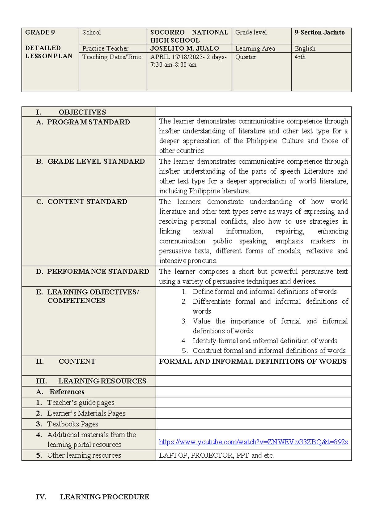 Final DLP: Formal and Informal Definitions - Grade 9 Lesson Plan - Studocu