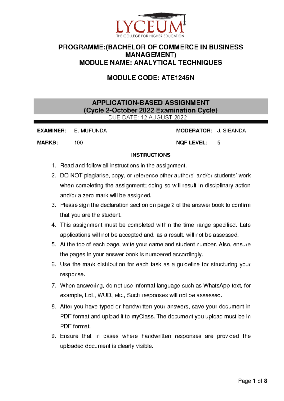 ATE1245N October 2022 Analytical Techniques Assignment Guide - Studocu