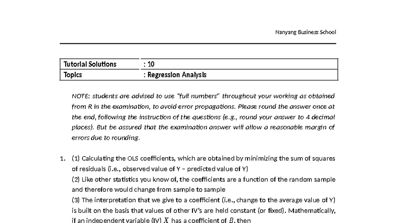 NBS Tutorial Solutions: Week 10 - Regression Analysis - Studocu