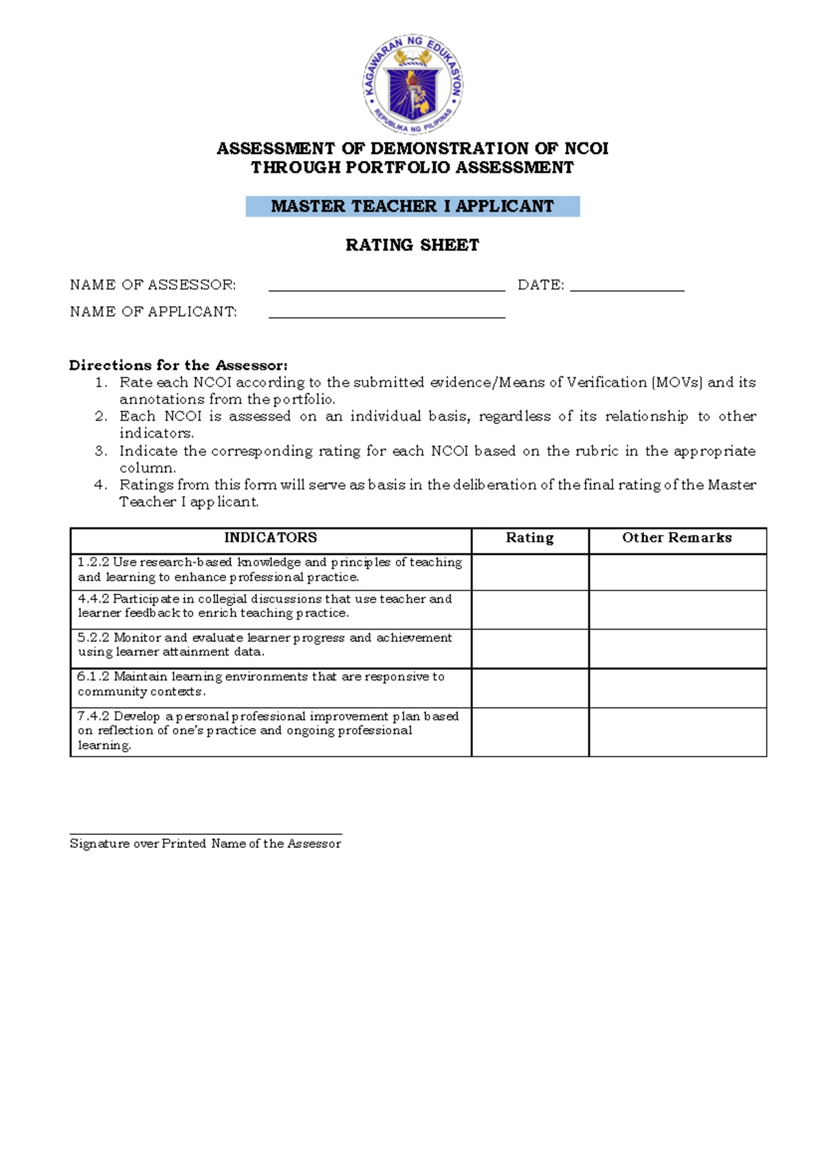 COT-Rating Sheet for Teacher II Applicant Evaluation Form - Studocu