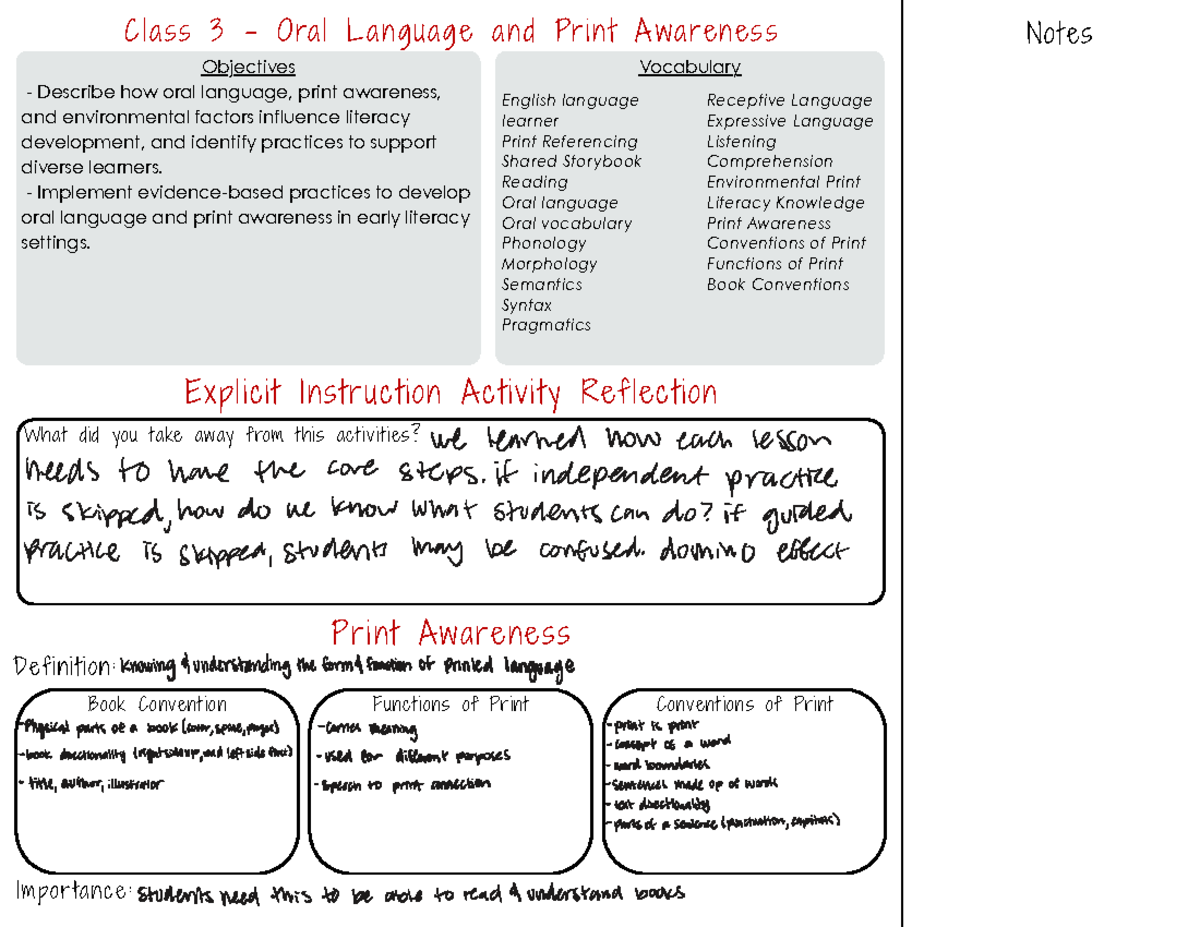 Class 3 Notes: Strategies for Oral Language & Print Awareness - Studocu