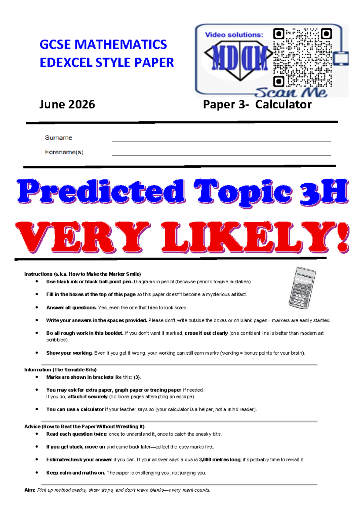 GCSE MATHS EDEXCEL STYLE PAPER June 2026 - Calculator Instructions ...