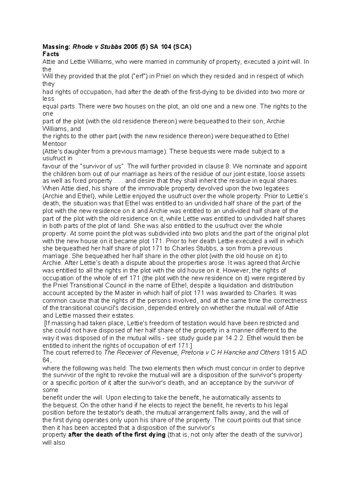 Rhode v Stubbs 2005 (5) SA 104 (SCA) - Insights on Succession Law - Studocu