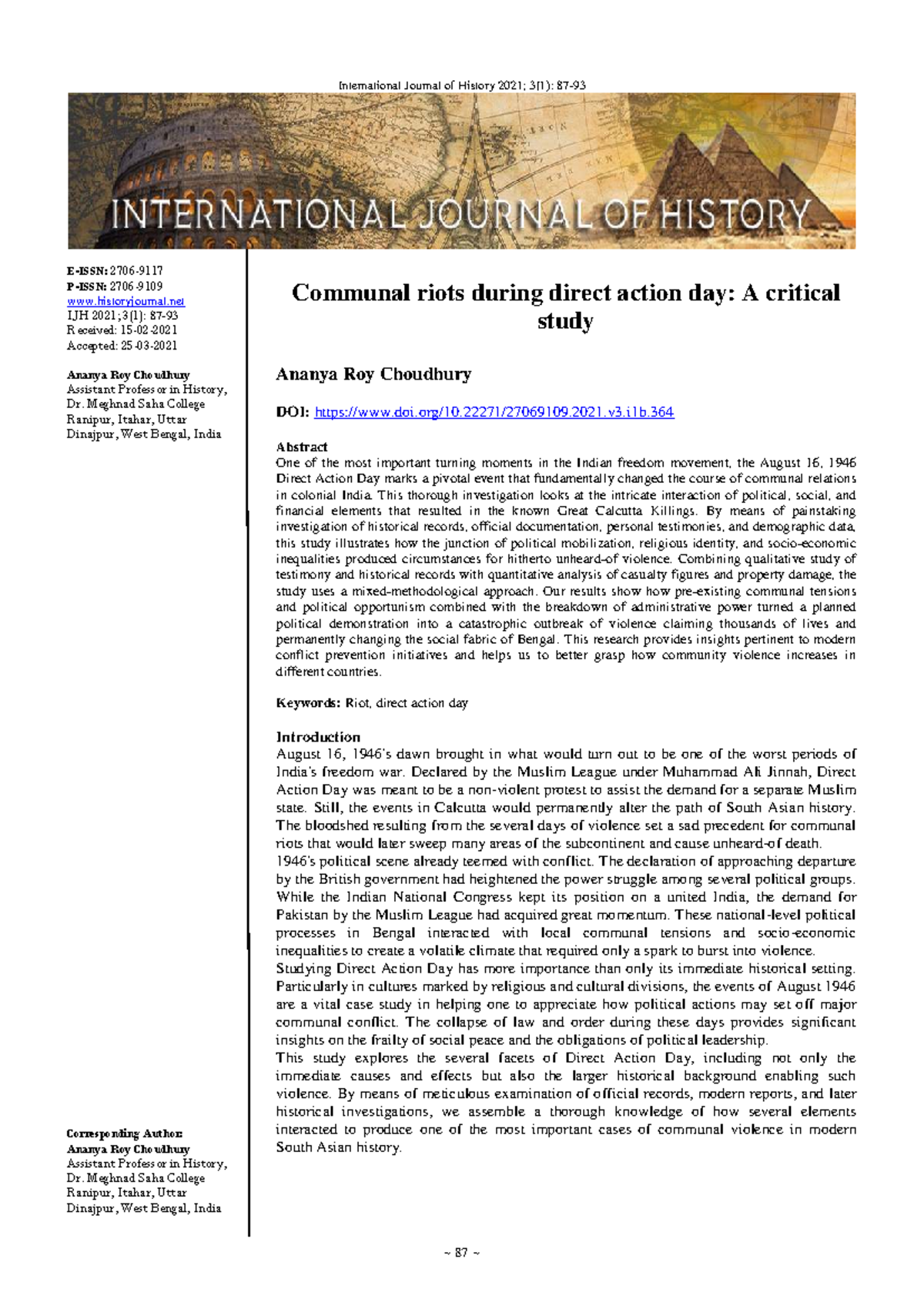 Critical Study of Communal Riots on Direct Action Day: IJH 3(1) - Studocu