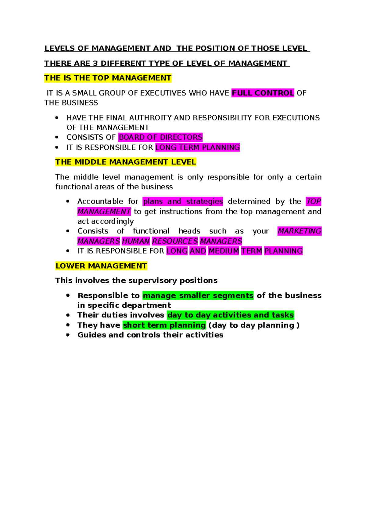 Levels of Management: Understanding the Hierarchical Structure - Studocu