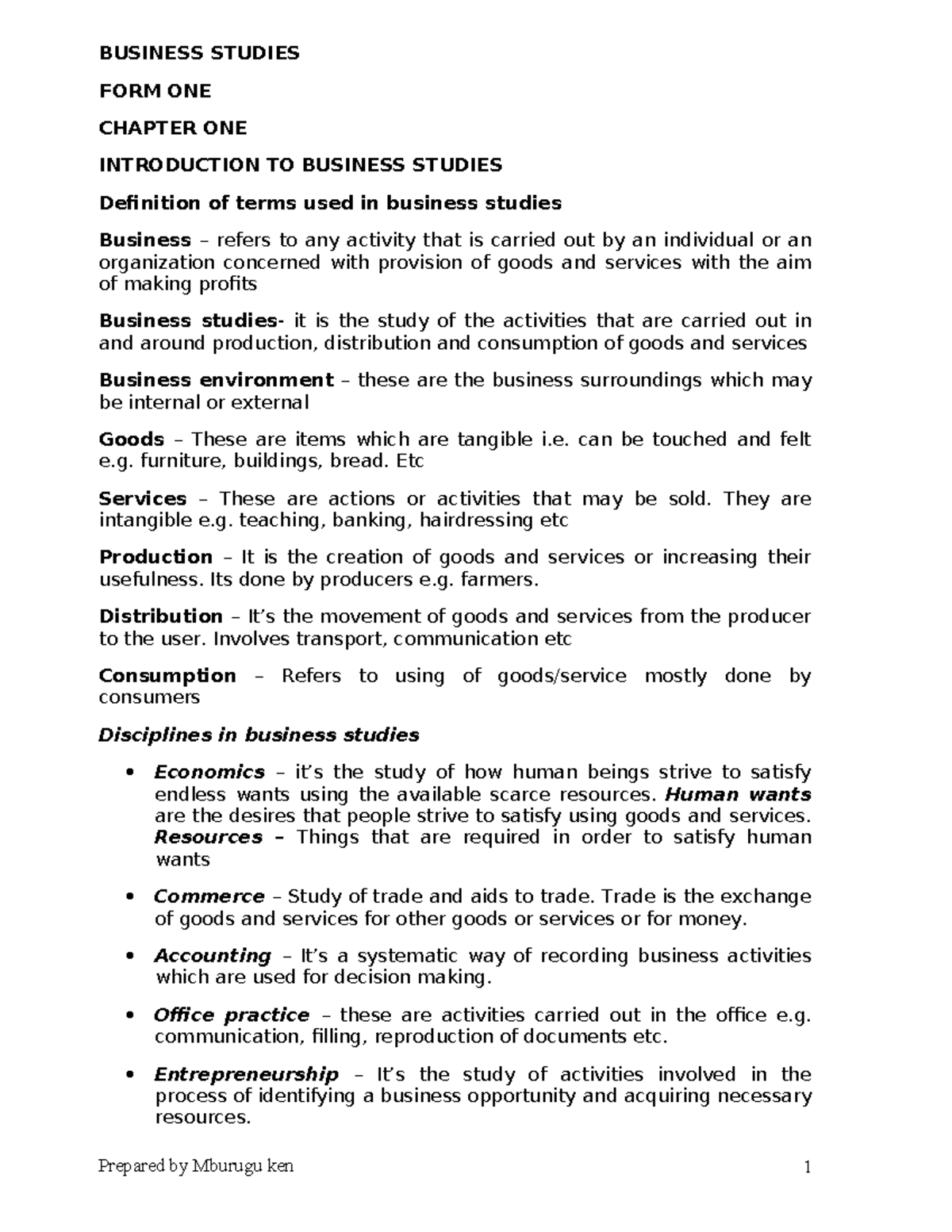 Business Studies F1: Chapter 1 - Introduction to Business Concepts ...